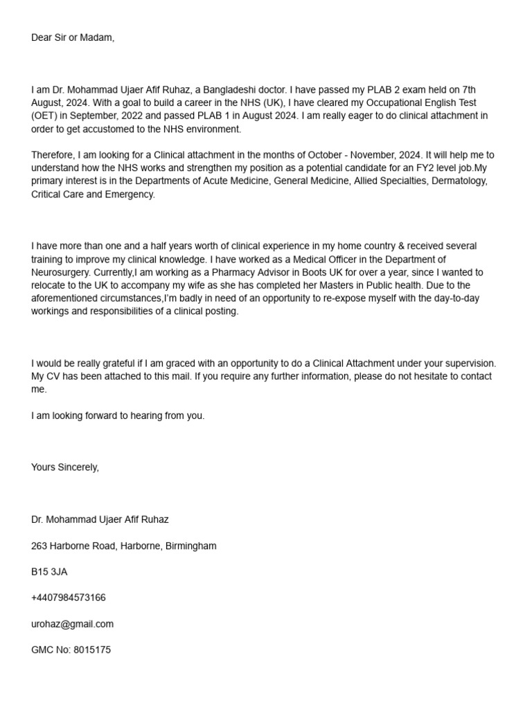 Request for Clinical Attachment in NHS | PDF