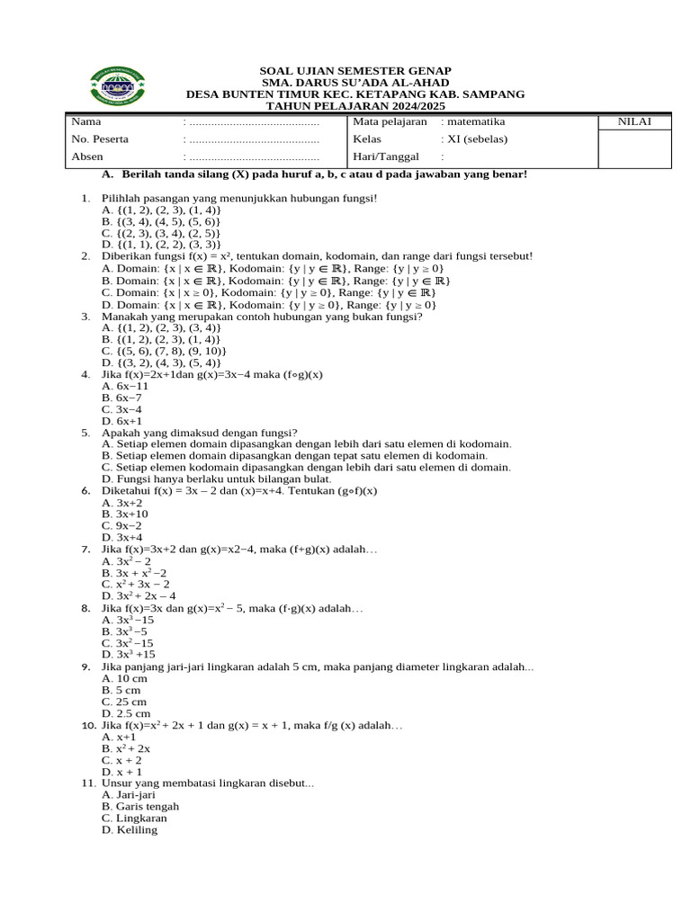 SOAL MTK KLS 2 SEM 1 2024-2025 | PDF