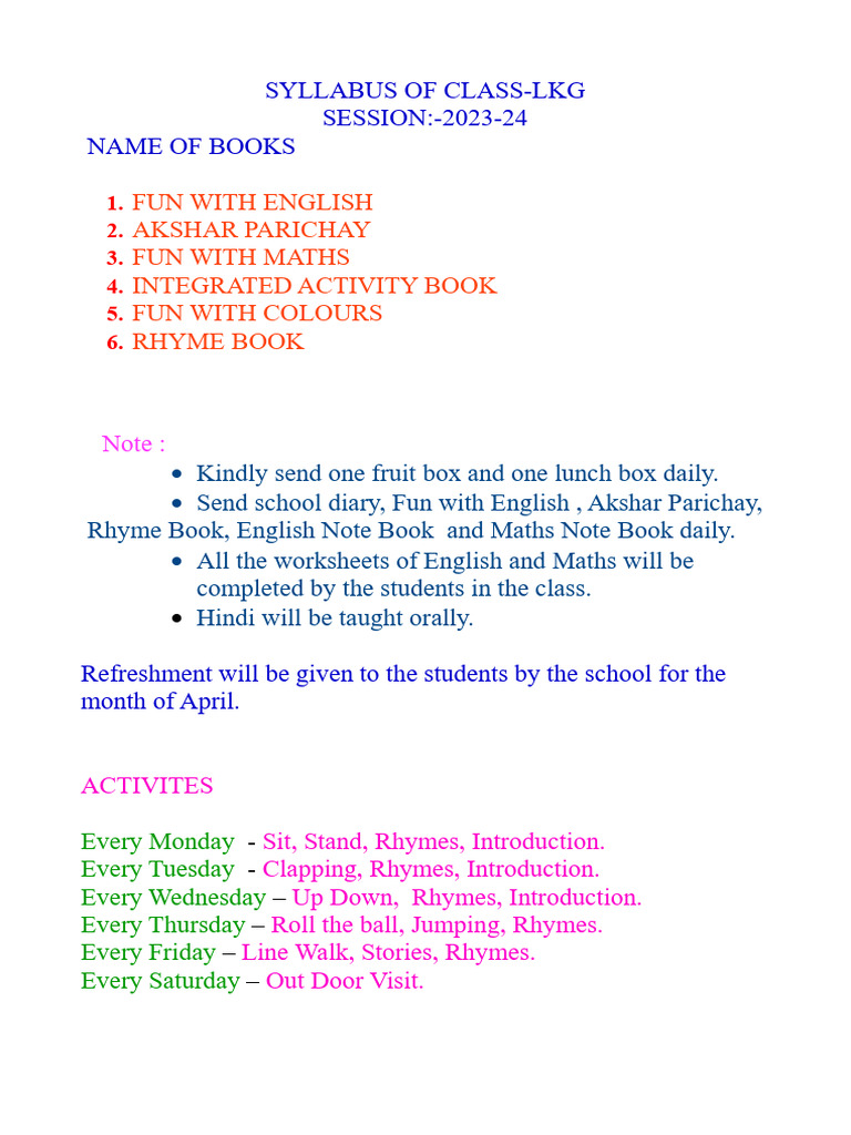 Class LKG Syllabus 23-24 | PDF