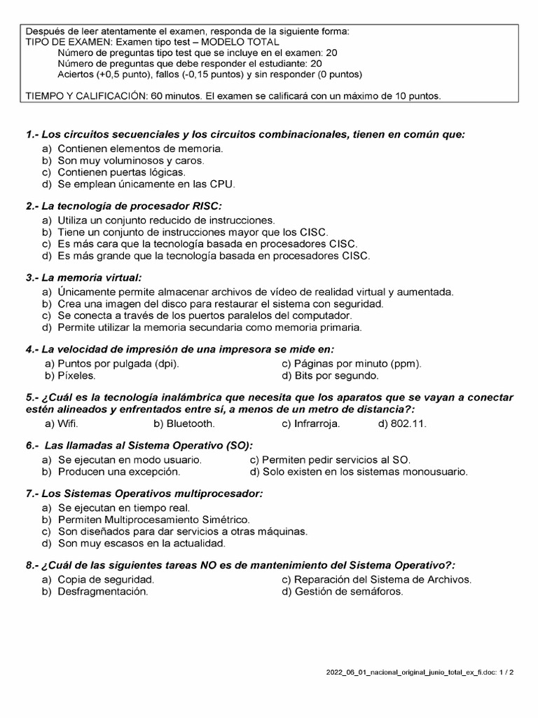 Examen Fundamentos Informatica UNED 2022 Junio | PDF