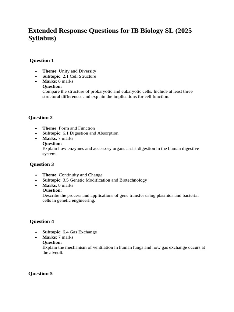 Extended Response Questions For IB Biology | PDF