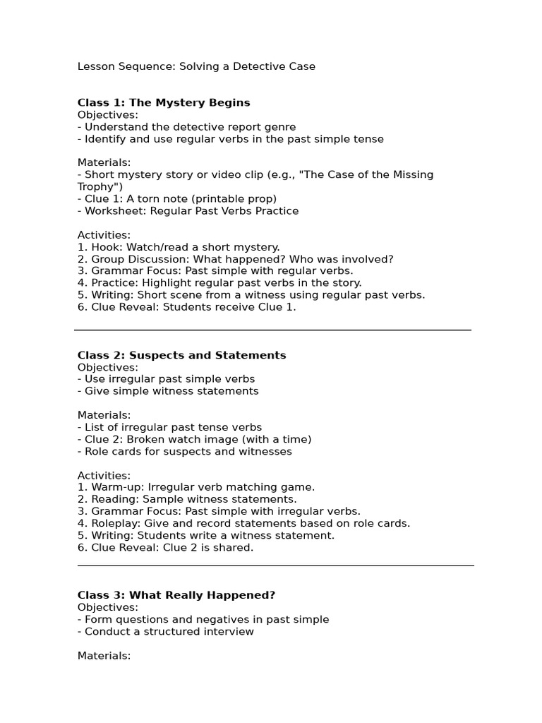 Lesson Sequence. Solving A Detective Case | PDF | Detective | Verb