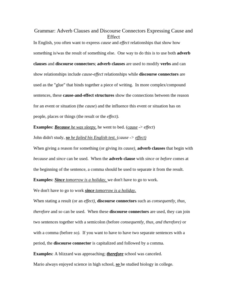 Grammar Explanation & Worksheet - Adverb Clauses and Discourse ...