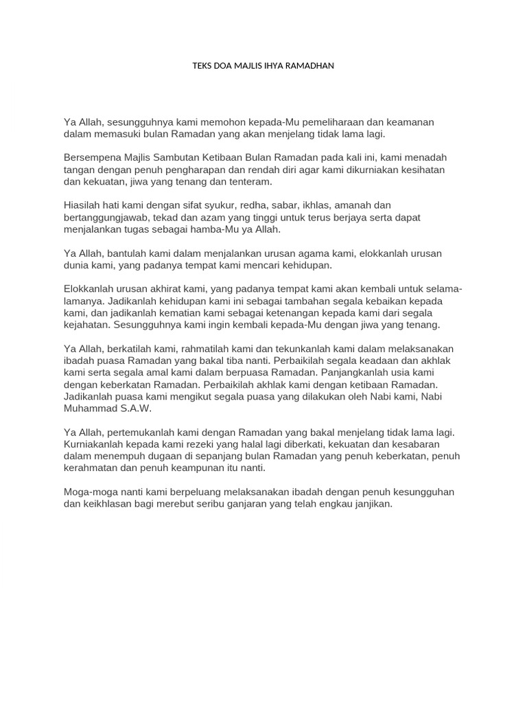 Doa Majlis Ihya Ramadhan 2025 SMK DL | PDF