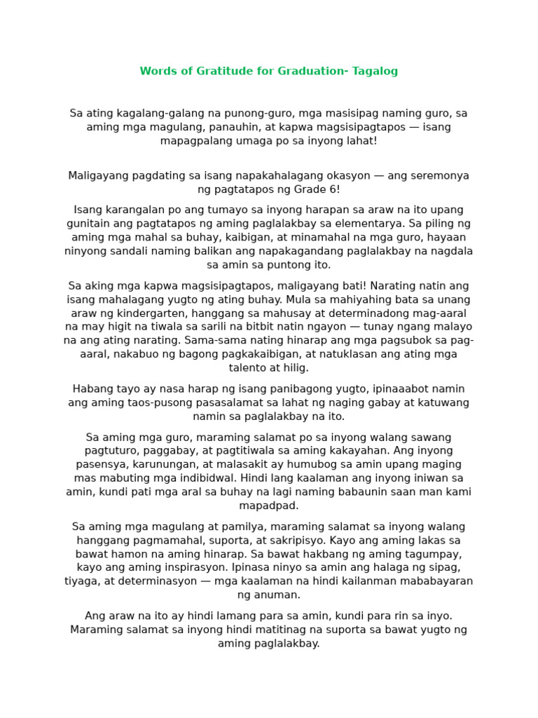 FREE. Sample Grade 6 Message of Gratitude - Tagalog | PDF