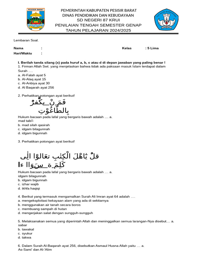 Soal PTS STS PAI Kelas 5 Semester 2 Kurikulum Merdeka T A 2023 2024 1 | PDF
