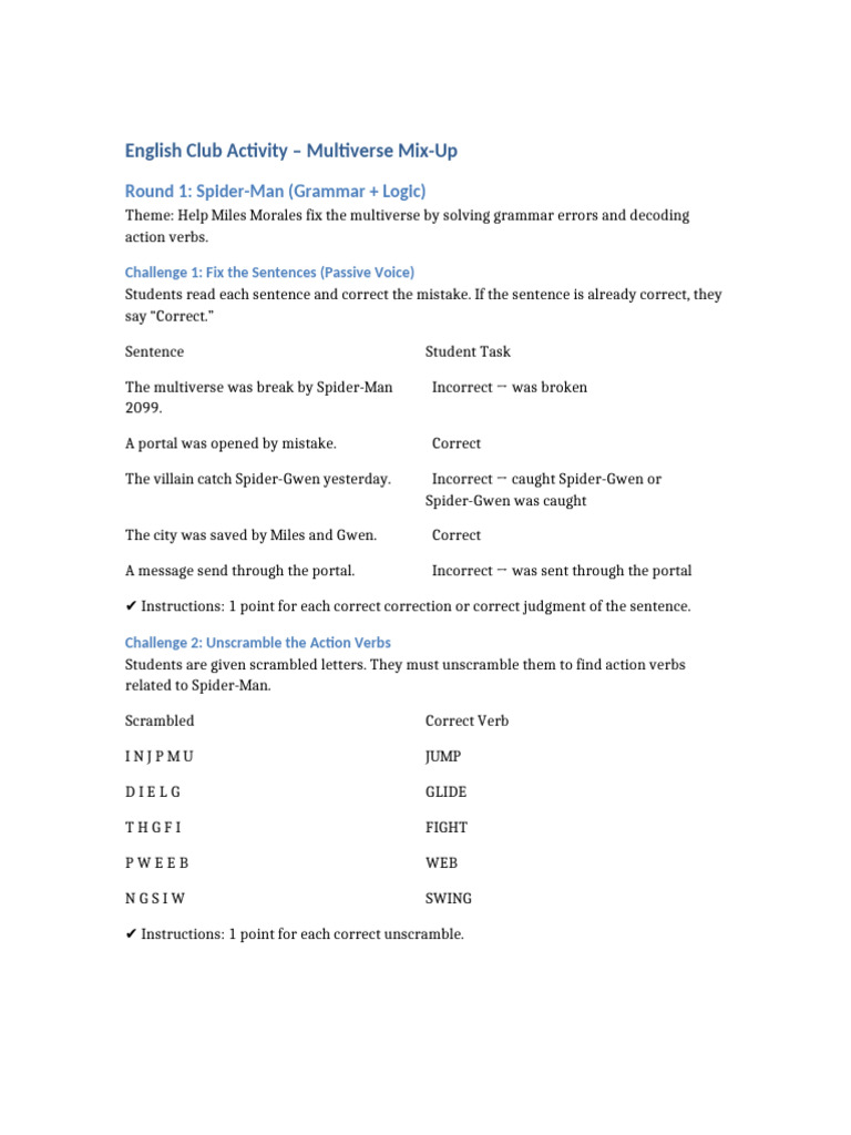 English Club Activity Round1 Spiderman | PDF