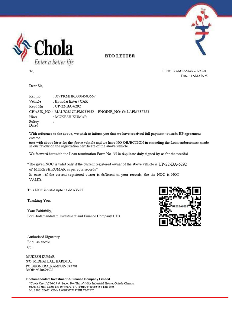 Cholamandalam Vehicle NOC Letter 2025 | PDF