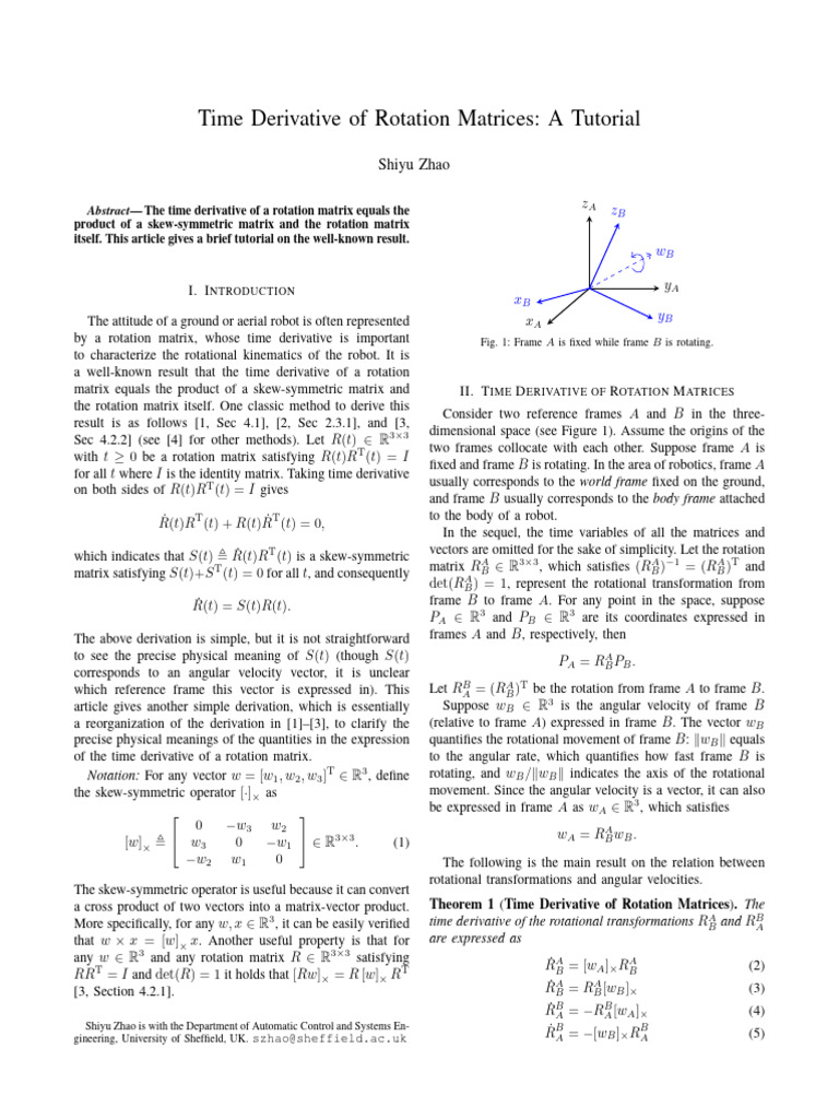Time Derivative of Rotation Matrices A Tutorial | PDF | Euclidean Vector | Matrix (Mathematics)
