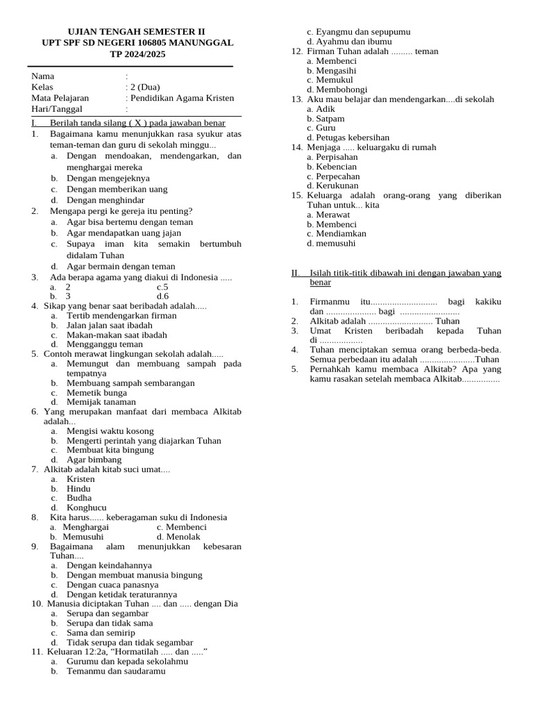 Ujian Agama Kristen Kelas 2 SD 2024 | PDF