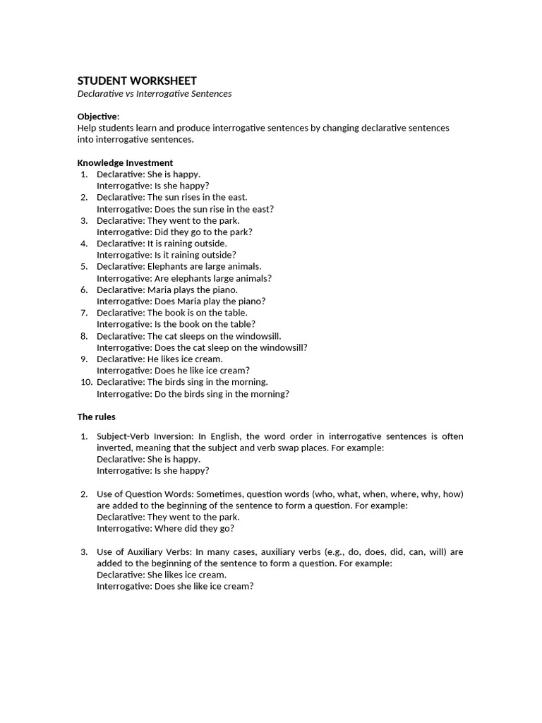 Student Worksheet-Sentence Transformation | PDF | Question | Syntactic ...
