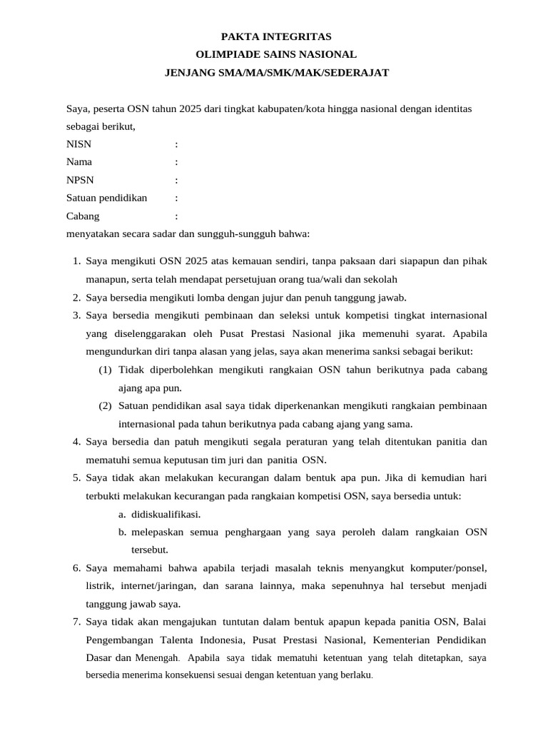 Pakta Integritas Osn Sma-Ma-Smk-Mak Sederajat 2025 | PDF