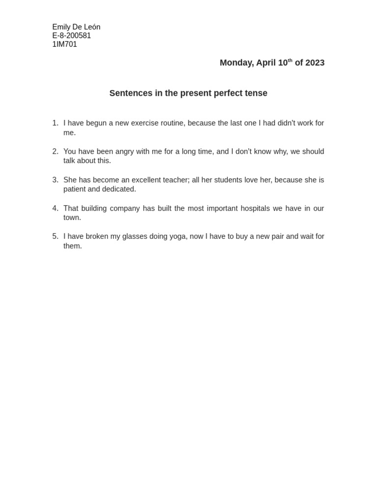 Sentences in The Present Perfect Tense | PDF
