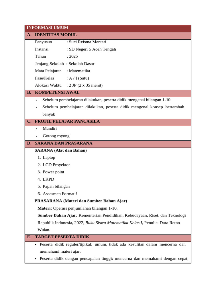 Modul - Ajar - MTK - Fase A - Suci - Reisma - Mentari - 030 | PDF