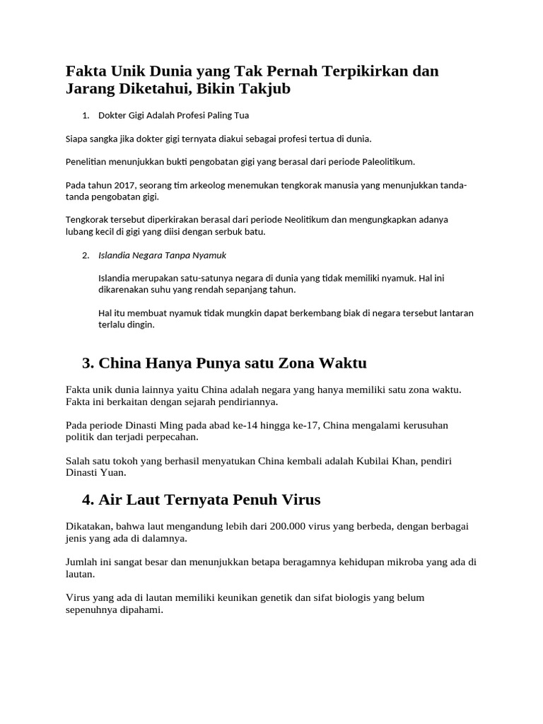 Fakta Unik Dunia yang Tak Pernah Terpikirkan dan Jarang Diketahui | PDF