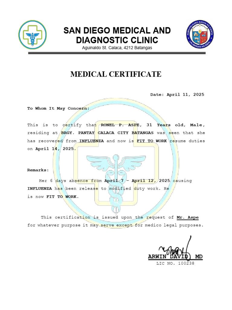 Fit to Work Certificate for Ronel Aspe | PDF
