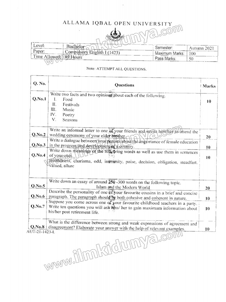 Past Papers 2021 Allama Iqbal Open University BCom English 1423 | PDF