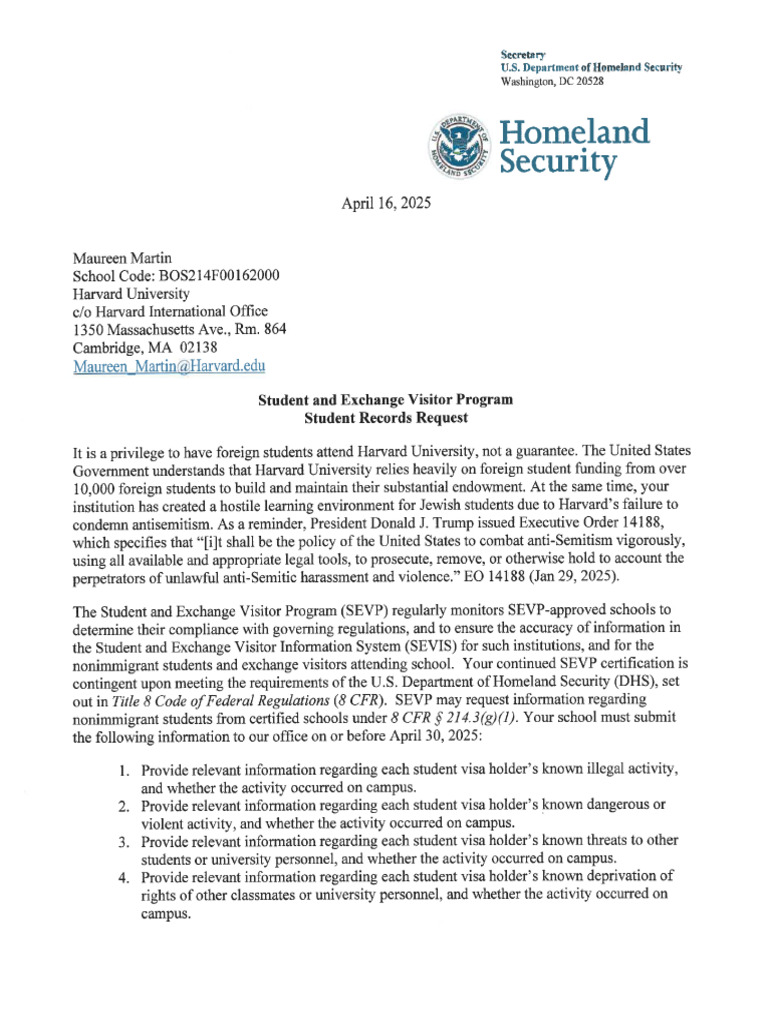 Harvard Letter - DHS | PDF