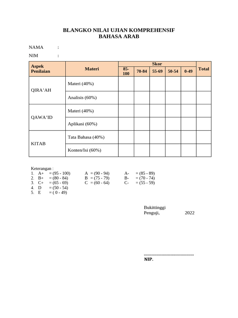 BLANGKO NILAI UJIAN KOMPREHENSIF Bahasa Arab | PDF