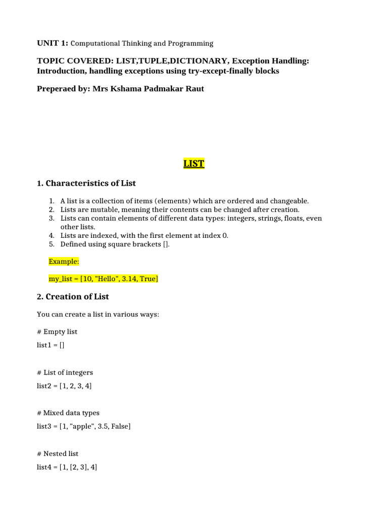 PYTHON REVISION TOUR II Study Material by Kshama Raut | PDF | Bracket ...