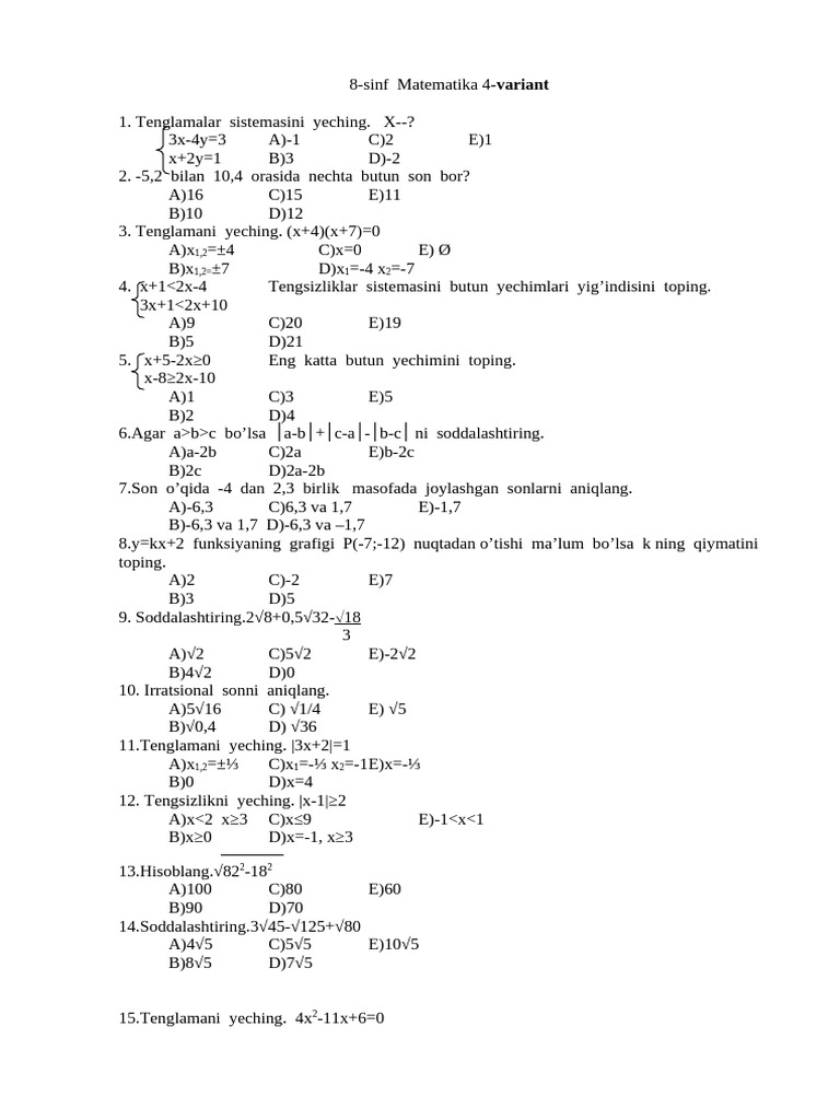 8-sinf Matematika Test Javoblari | PDF