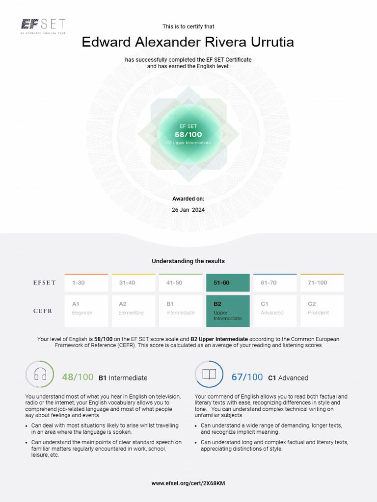 EF SET Certificate: Edward Rivera Urrutia | PDF