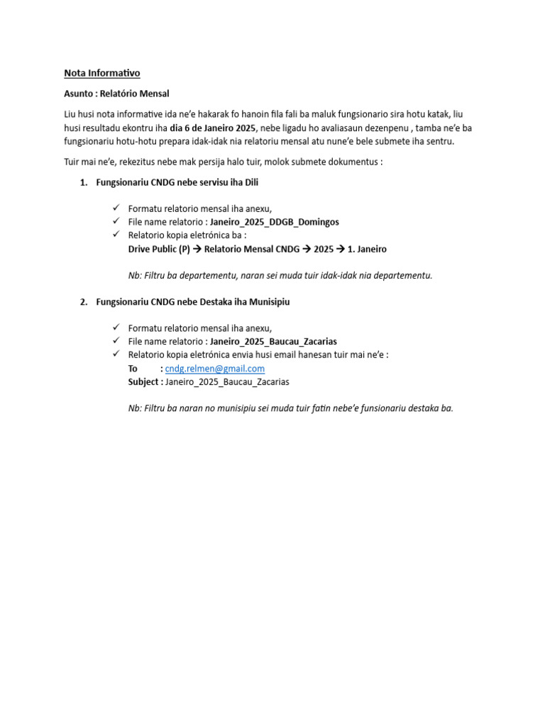 Nota Informativo - Relatoriu Mensal 2025 | PDF