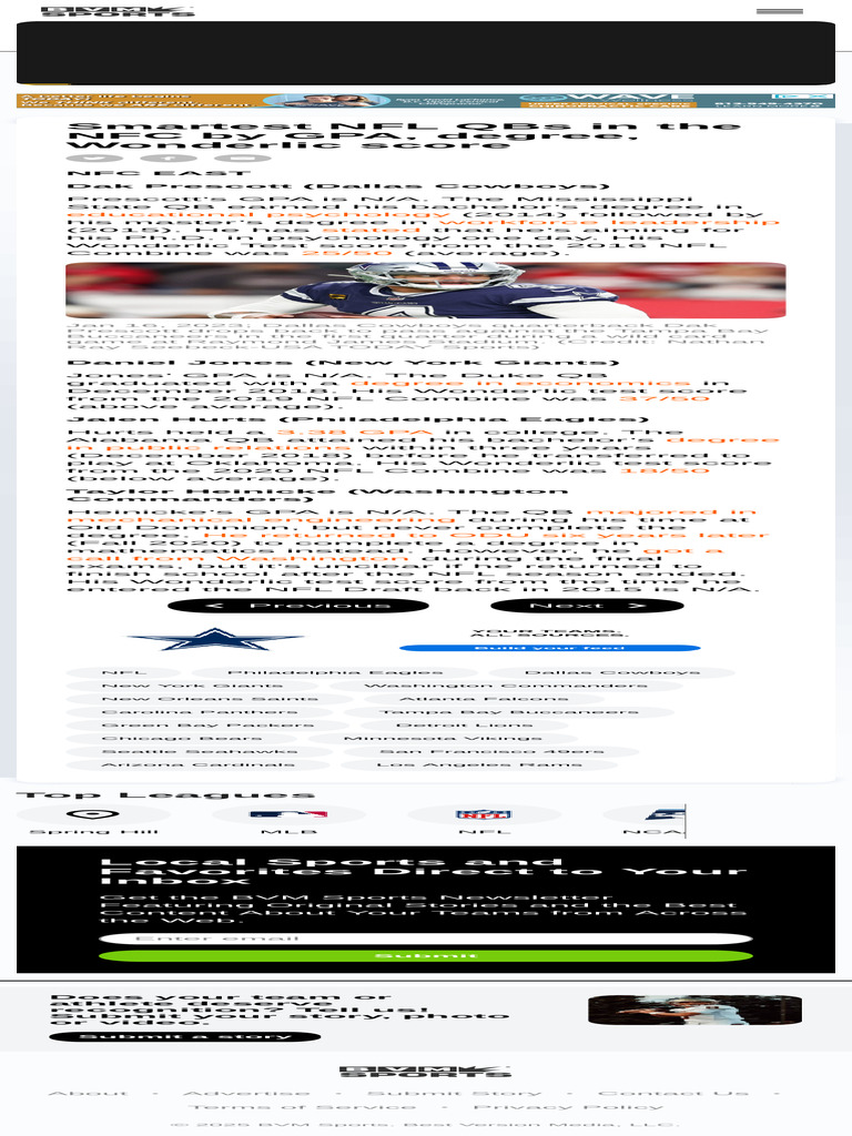 Smartest NFL QBs in The NFC by GPA, Degree, Wonderlic Score | PDF ...