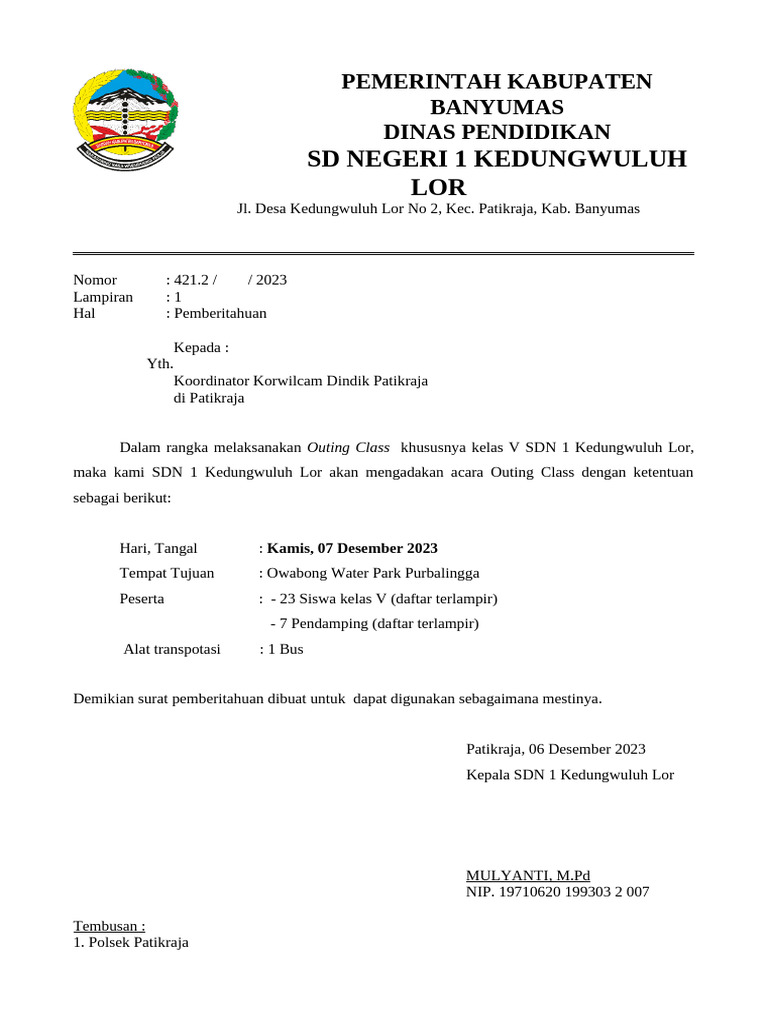 Surat Pemberitahuan Outing Class | PDF
