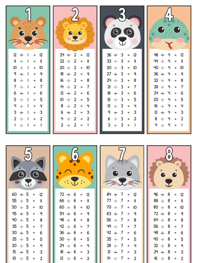Animals Division Mathematics Flashcards in Colorful Animal Illustrative ...