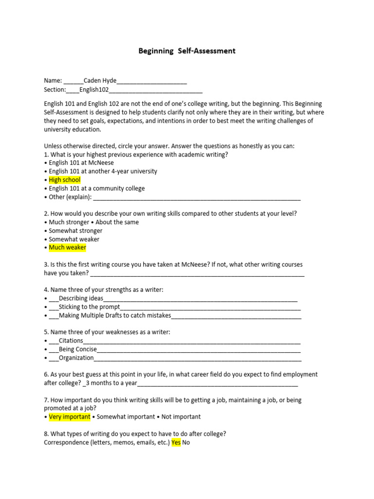 Beginning Self-Assessment for Writers | PDF | Essays | Citation