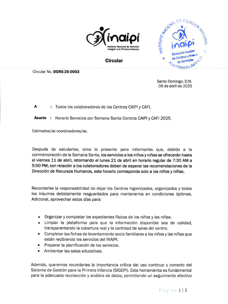 Circular DGRS-25-0003 Horarios Servicios Por Semana Santa CAIPI y CAFI 2025 | PDF