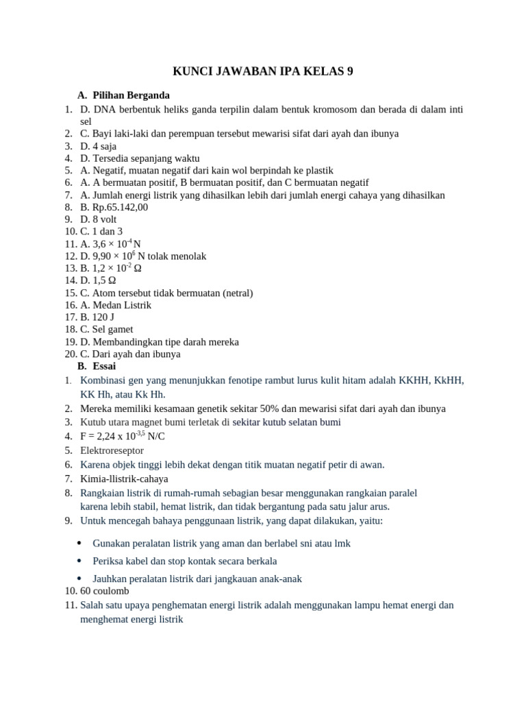 Kunci Jawaban IPA Kelas 9 | PDF