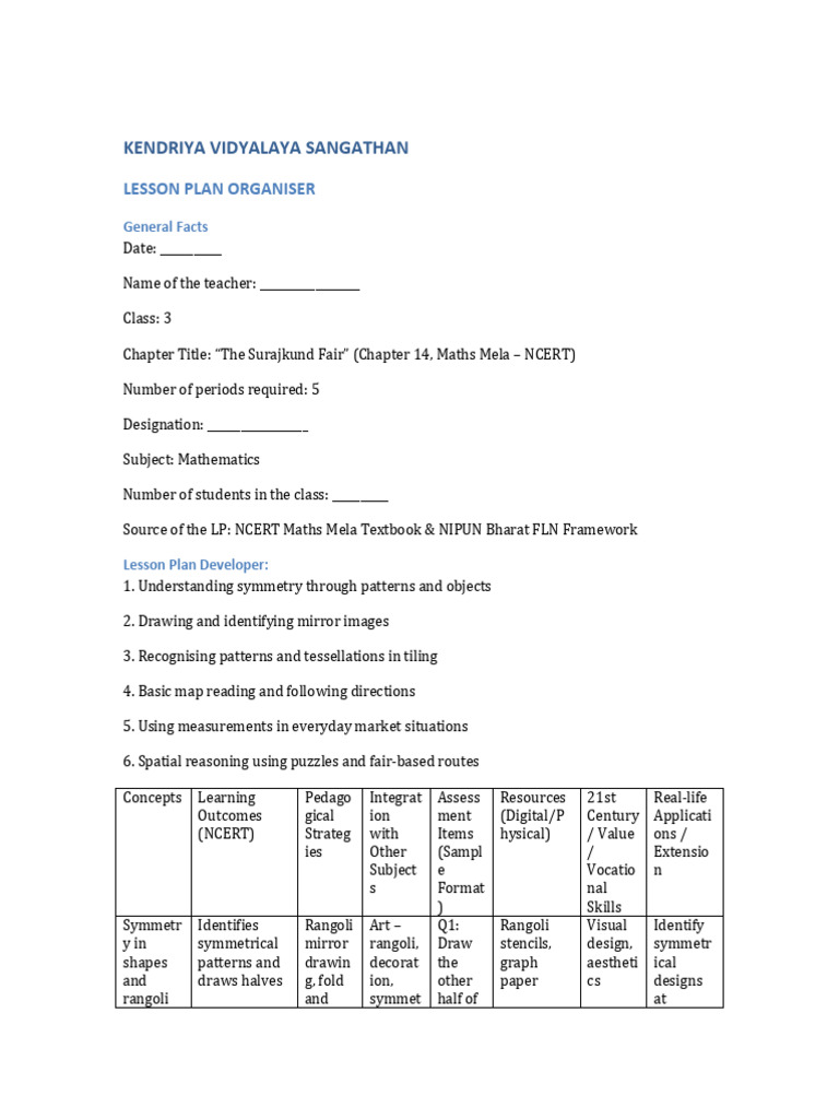Class 3 Maths Lesson Plan: Surajkund Fair | PDF | Symmetry