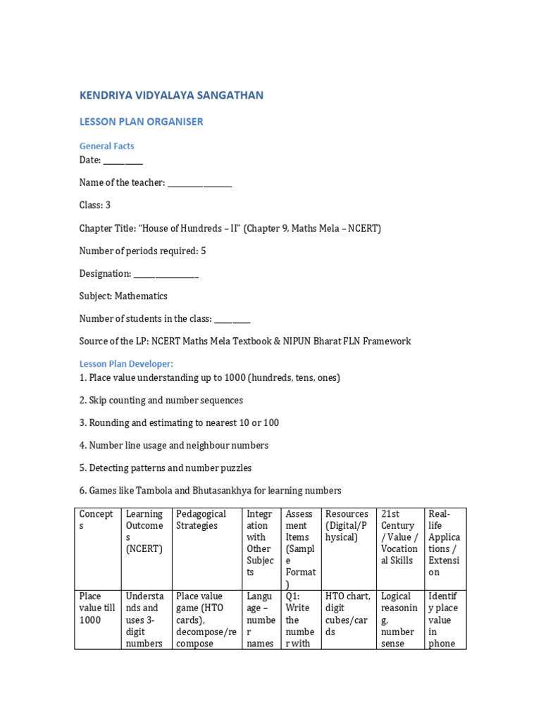 Lesson_Plan_Maths_House_of_Hundreds_II_Class3 | PDF | Learning | Teaching