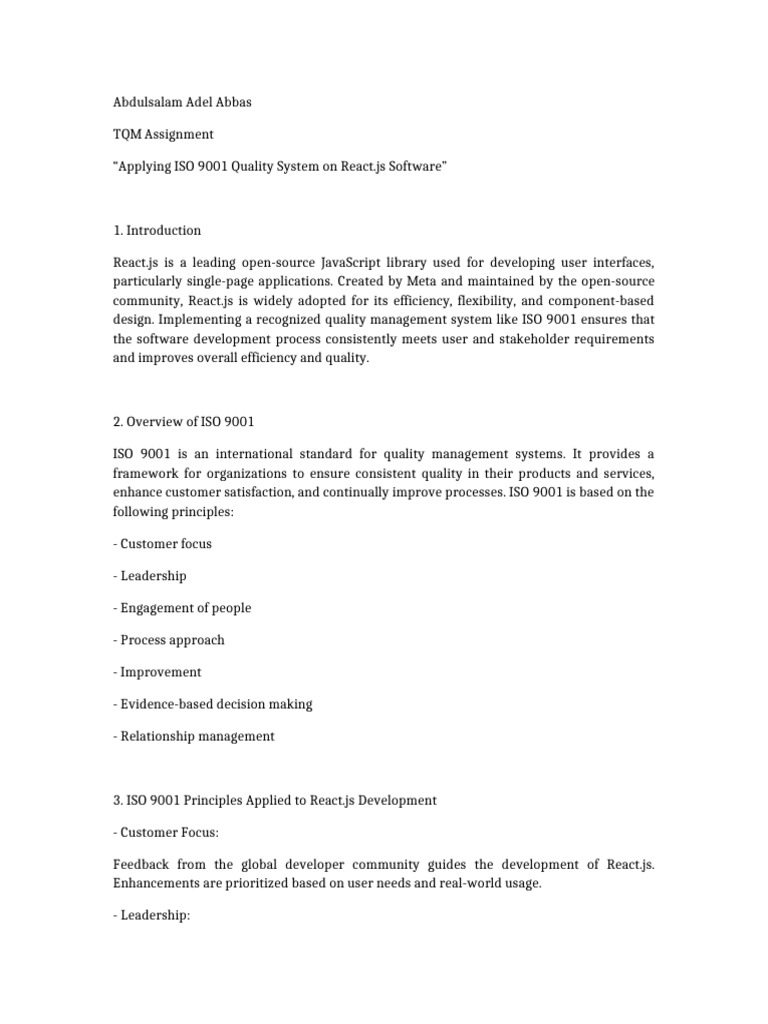 ISO9001 Assignment ReactJS | PDF | Software Development | Quality Management System