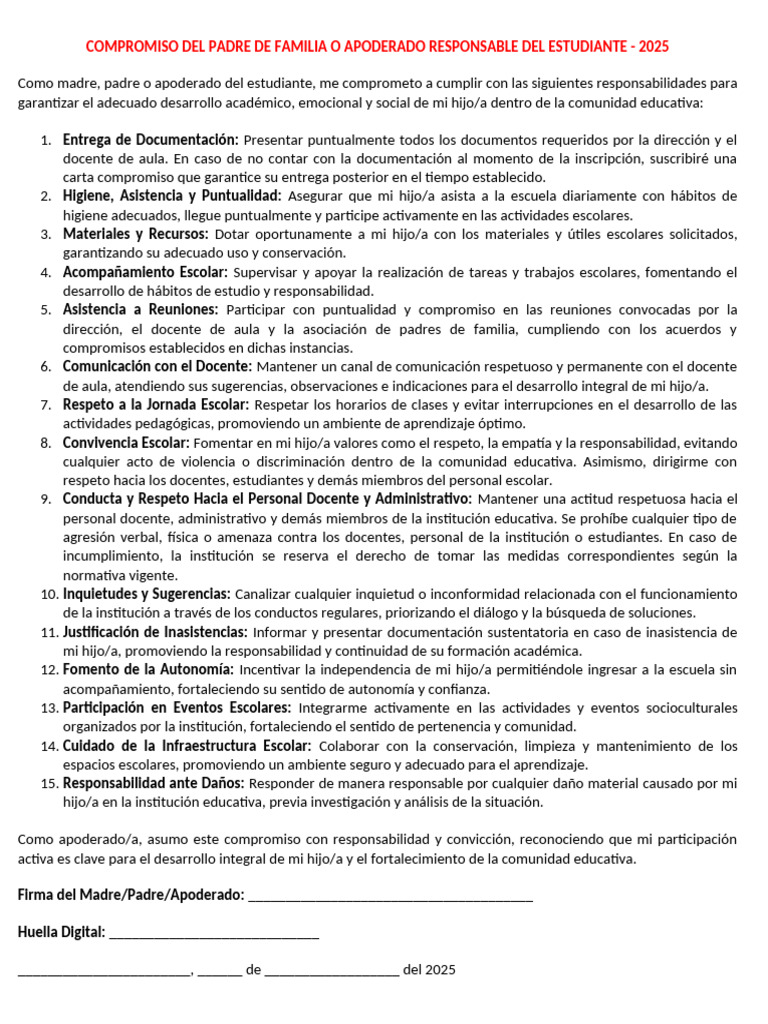 COMPROMISO DEL PADRE DE FAMILIA O APODERADO RESPONSABLE DEL ESTUDIANTE 2025 | PDF | Maestros ...