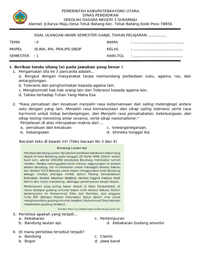 Soal PAS Kelas 6 Sem 1 Tema 2 TP 2022.2023 | PDF