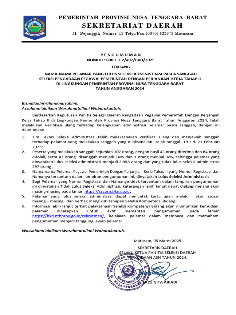 Pengumuman Hasil Seleksi Administrasi PPPK Tahap 2 Pasca Sanggah | PDF