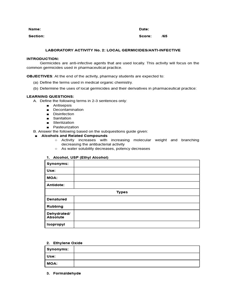 Laboratory Activity 2 Medicinal Organic Chemistry | PDF | Disinfectant | Chemical Substances
