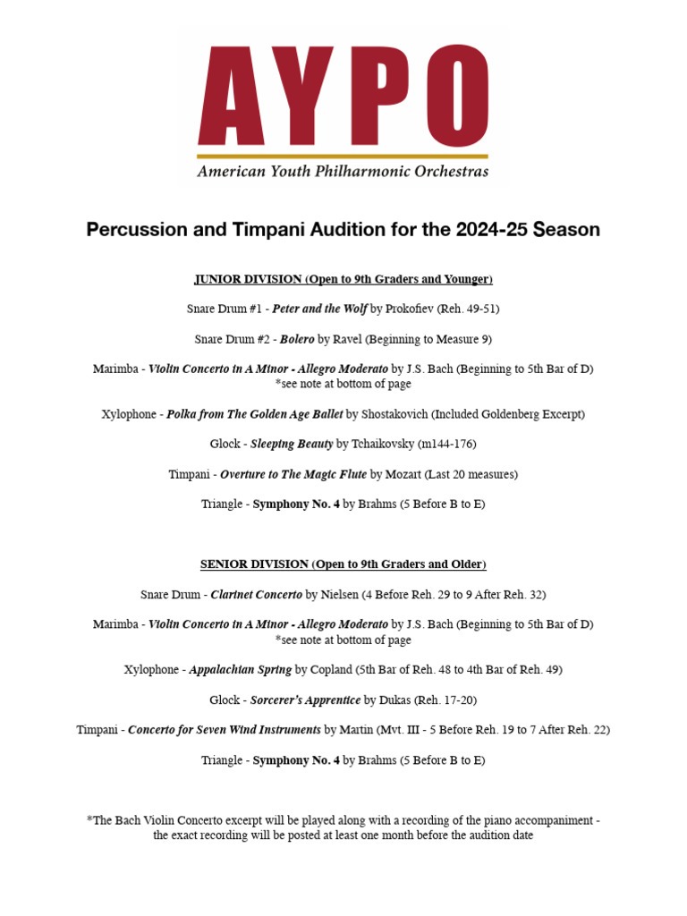 24-25 AYPO Percussion and Timpani Audition | PDF | Concerto | Symphony