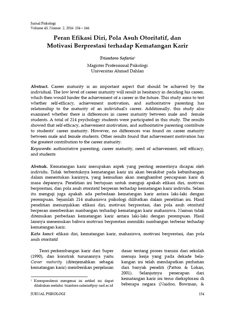 Peran Efikasi Diri, Pola Asuh Otoritatif, Danmotivasi Berprestasi Terhadap Kematangan Karir | PDF