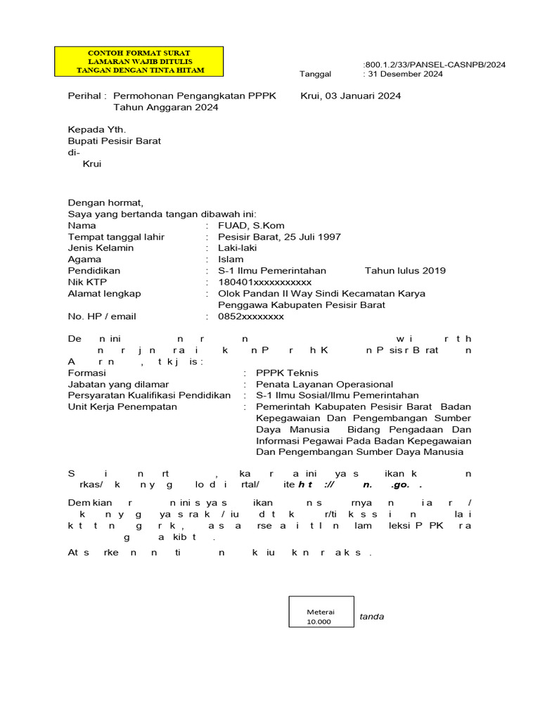 Lampiran V (Format Surat Lamaran)-1 | PDF