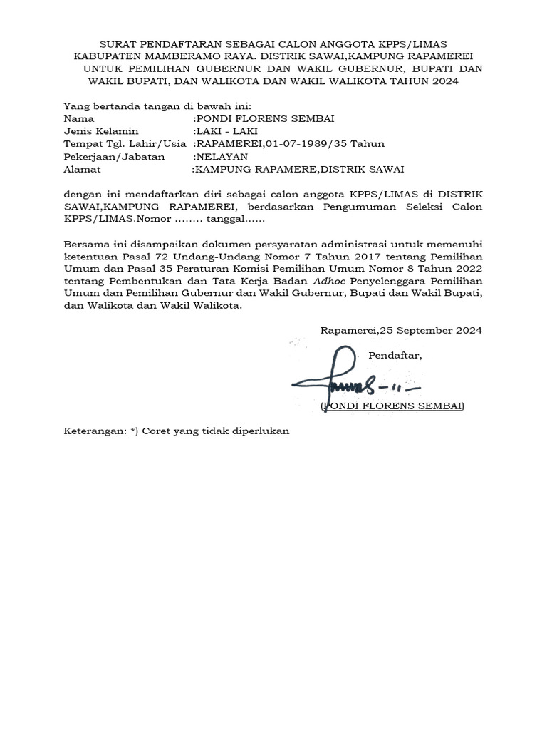 01 Surat Pendaftaran Pondi S | PDF