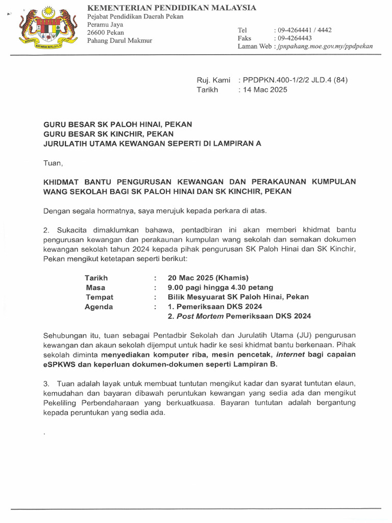 SURAT KHIDMAT BANTU SK PALOH HINAI & SK KINCHIR | PDF