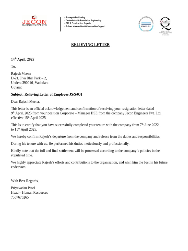 Relieving Letter | PDF