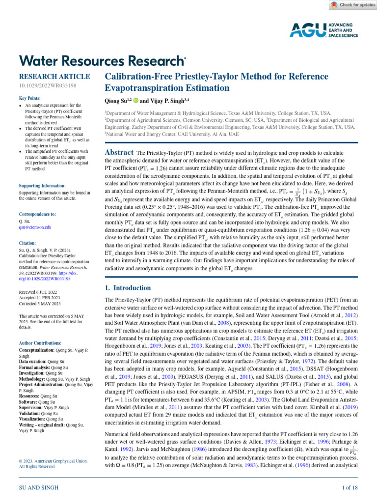 Water Resources Research - 2023 - Su - Calibration Free Priestley ...