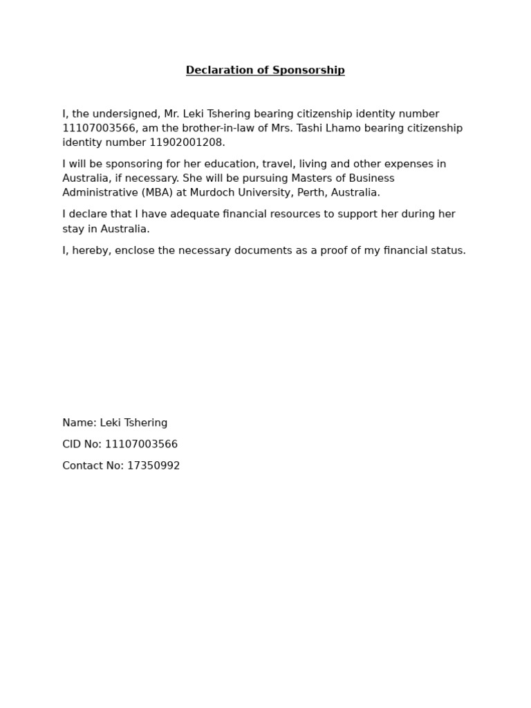 Declaration of Sponsorship for MBA in Australia | PDF