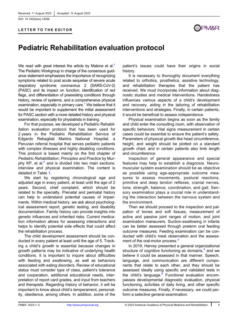 Pediatric Rehabilitation Evaluation Protocol | PDF | Physical Therapy ...