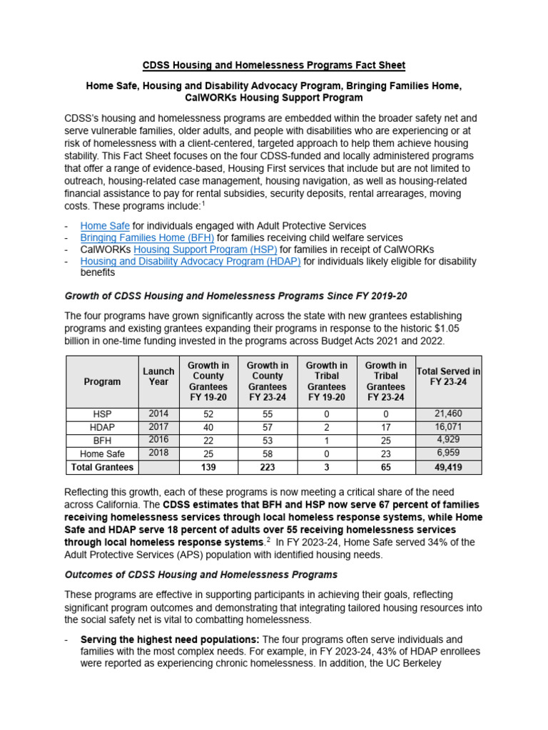 Fact Sheet On CDSS Housing and Homelessness Programs - Accessible | PDF | Homelessness | Social ...